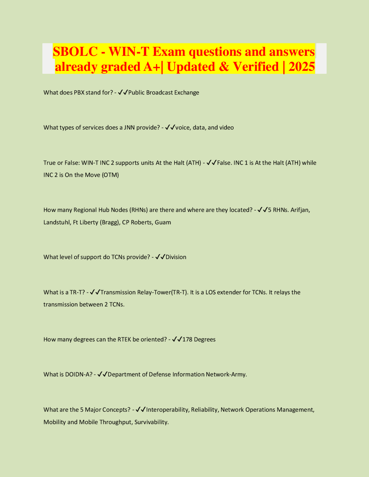 SBOLC - WIN-T Exam questions and answers already graded A+| Updated ...