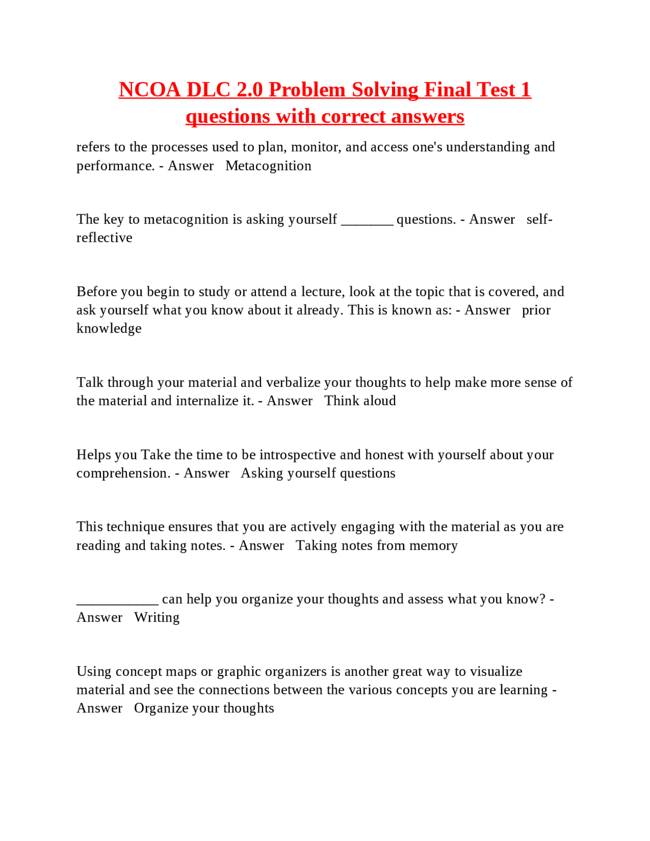 NCOA DLC 2.0 Problem Solving Final Test 1 questions with correct ...