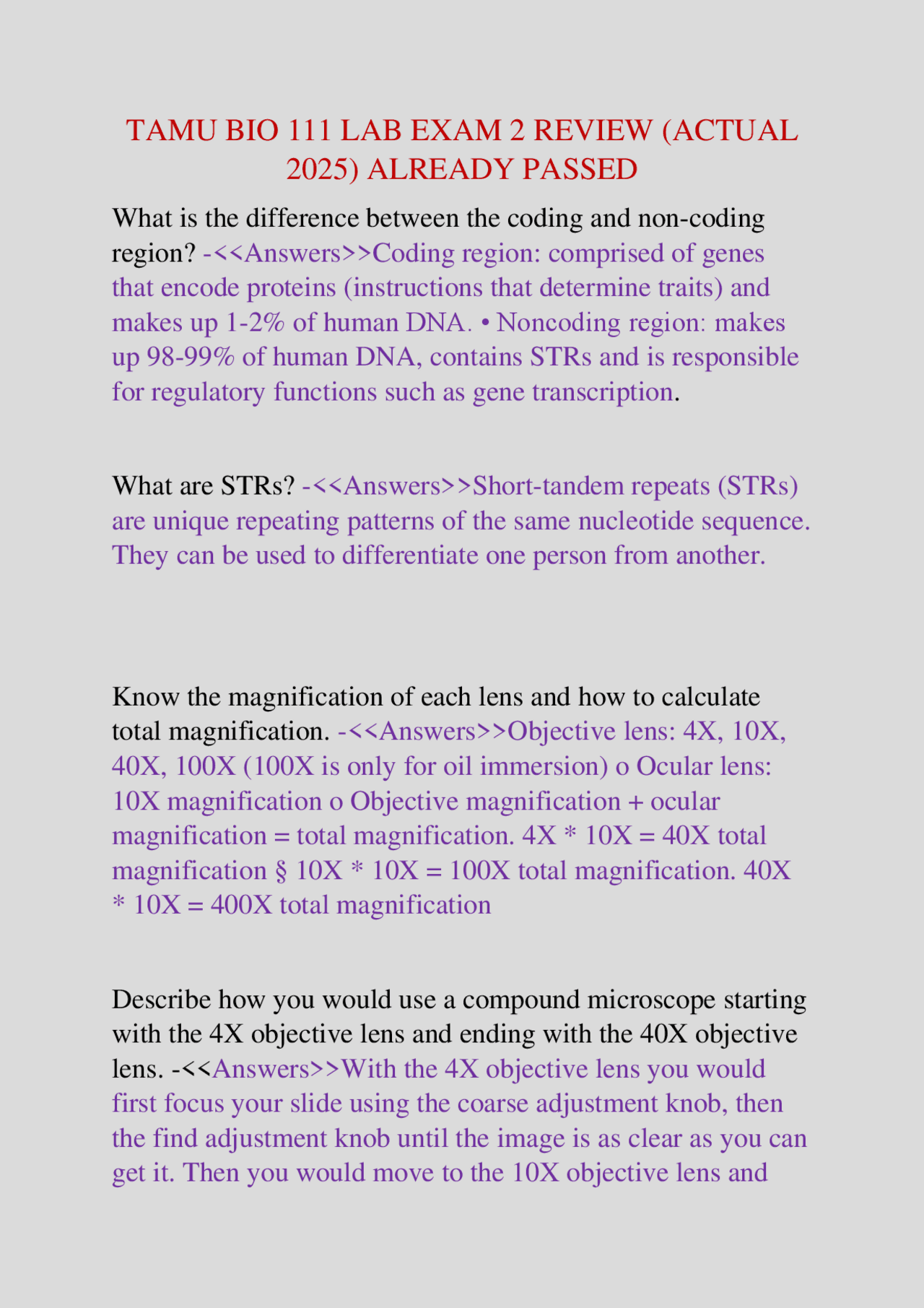 TAMU BIO 111 LAB EXAM 2 REVIEW: Cell Biology and Genetics | Exams Biology | Docsity