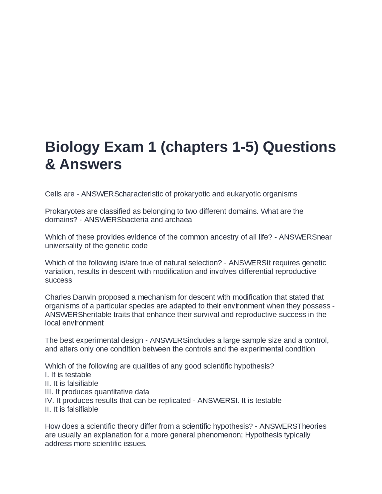 Biology Exam 1 (Chapters 1-5) Questions and Answers | Exams Nursing ...