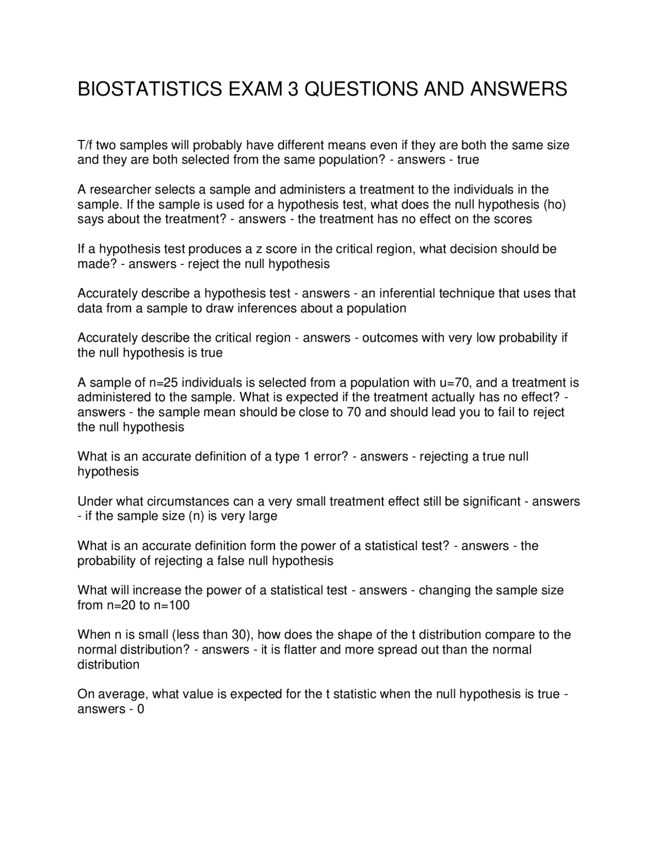 Biostatistics Exam 3: Questions and Answers | Exams Social Sciences | Docsity