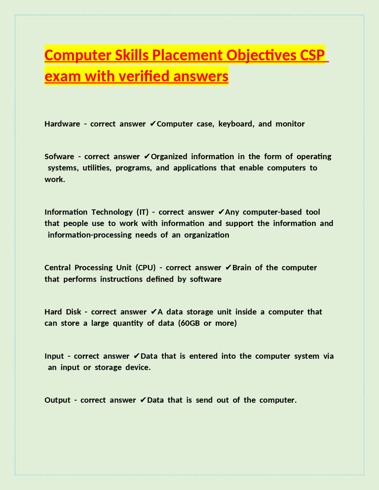 Computer Skills Placement Objectives (CSP) Exam with Verified Answers ...