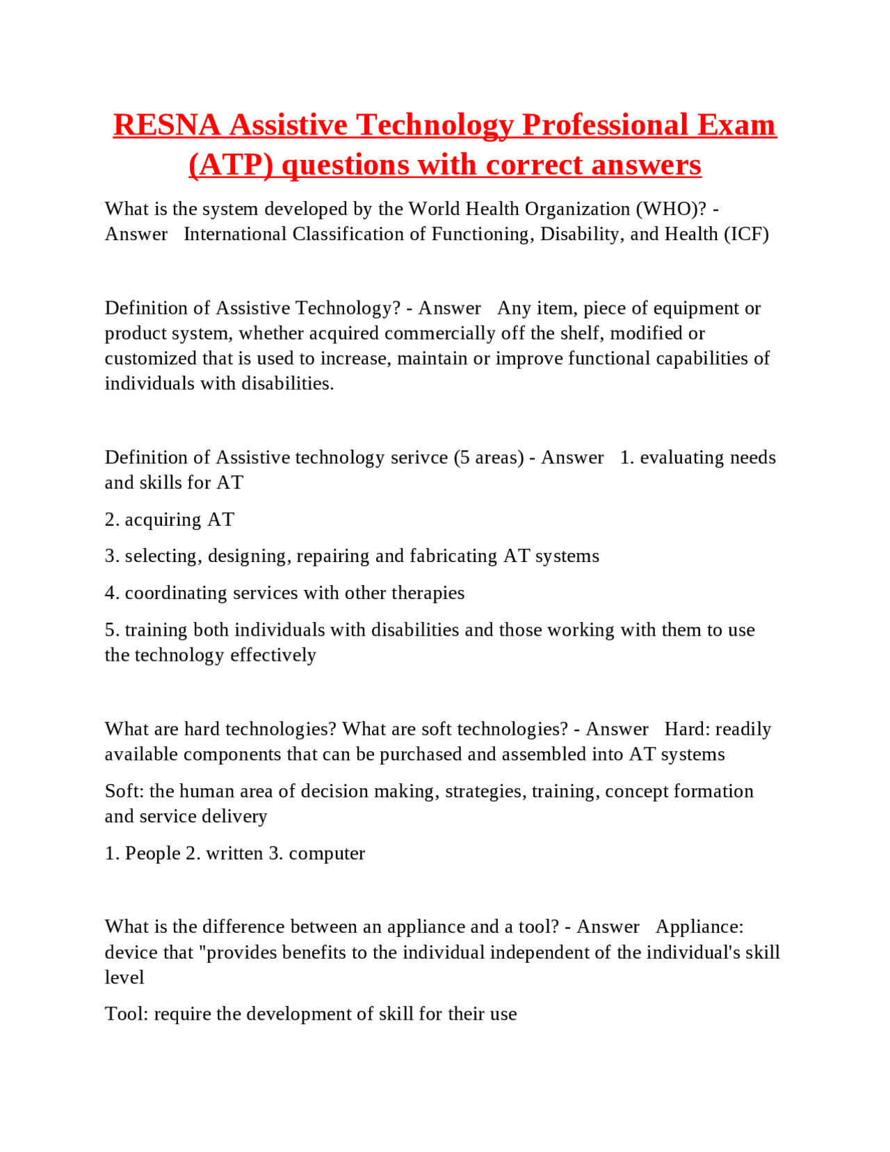 RESNA Assistive Technology Professional Exam (ATP) Questions and ...