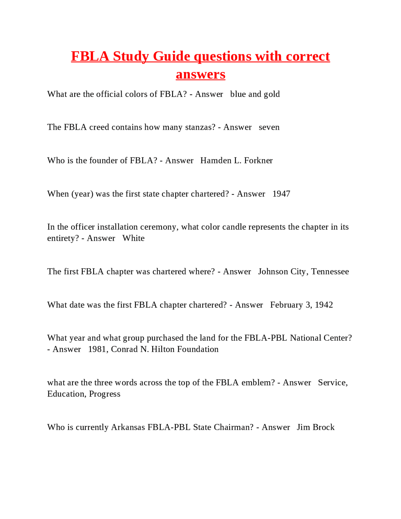 FBLA Study Guide: Questions and Answers | Exams Entrepreneurship | Docsity