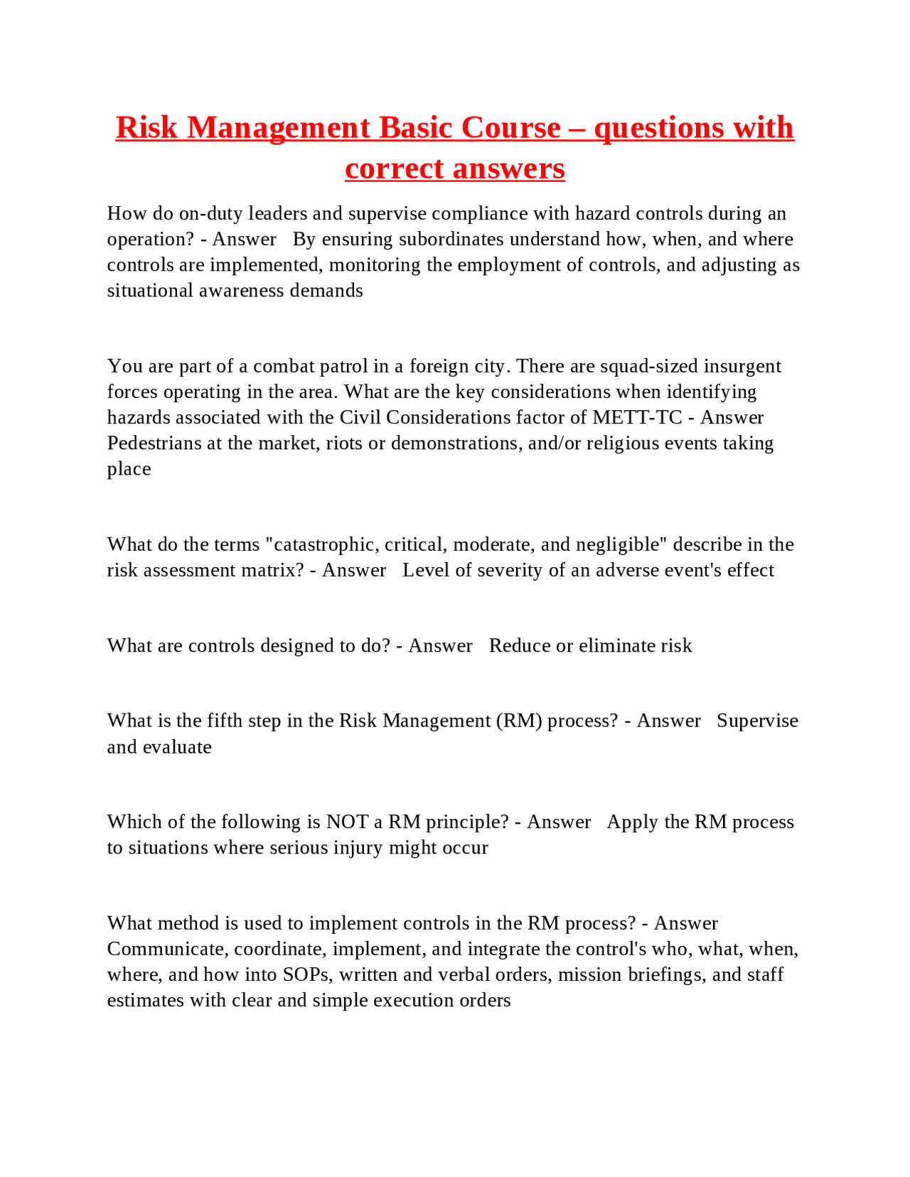 Risk Management Basic Course: Questions and Answers | Exams Risk ...