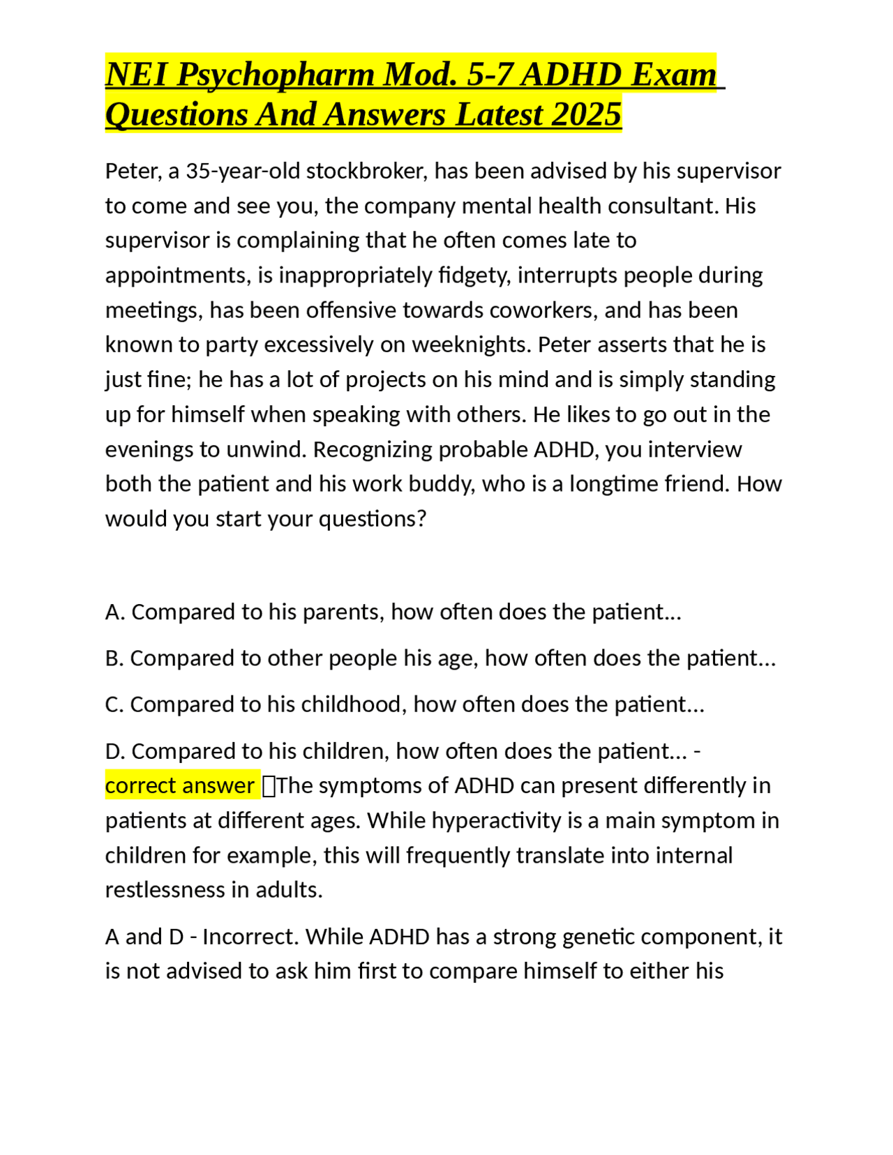 NEI Psychopharm Mod. 5-7 ADHD Exam Questions And Answers Latest 2025 ...