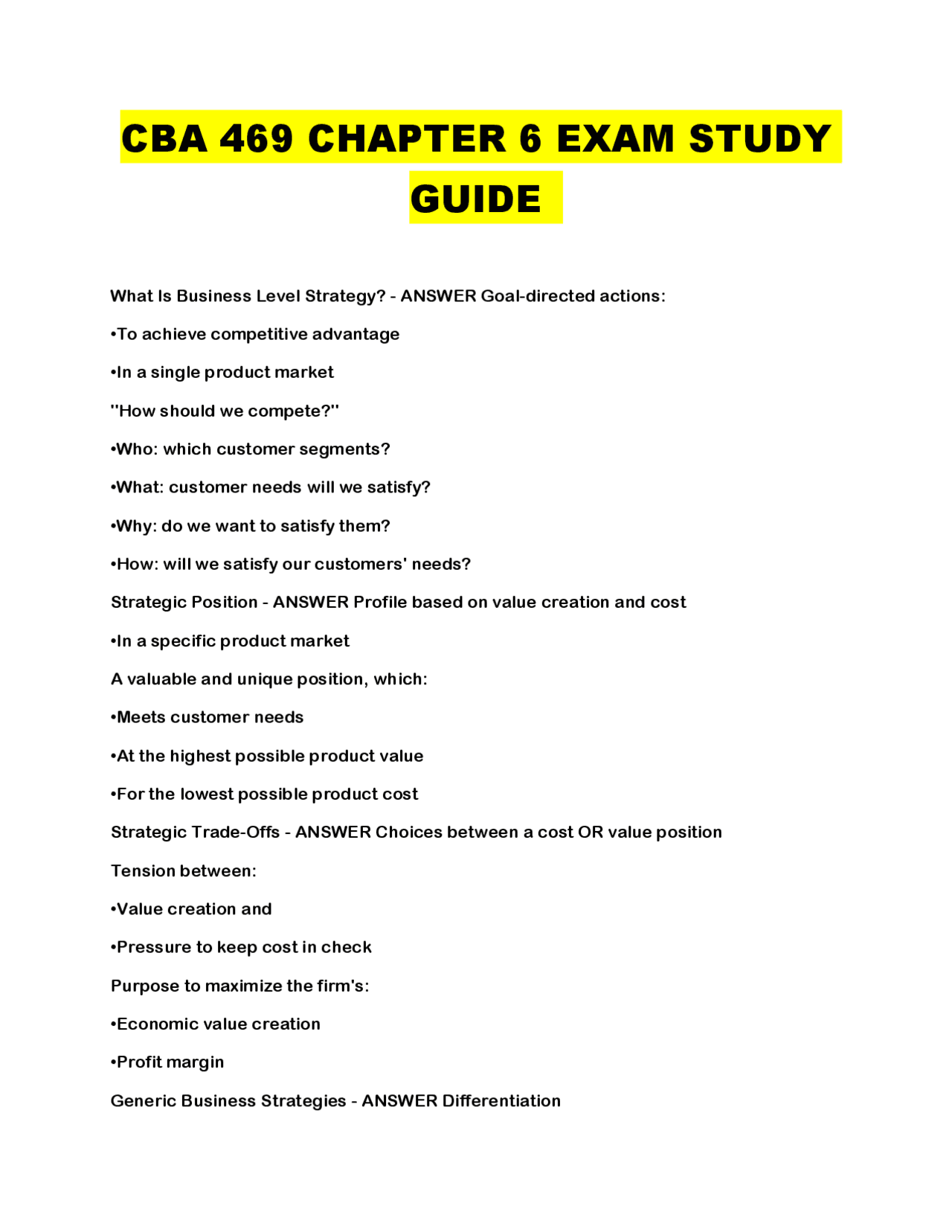 CBA 469 Chapter 6 Exam Study Guide: Business Level Strategy | Exams ...