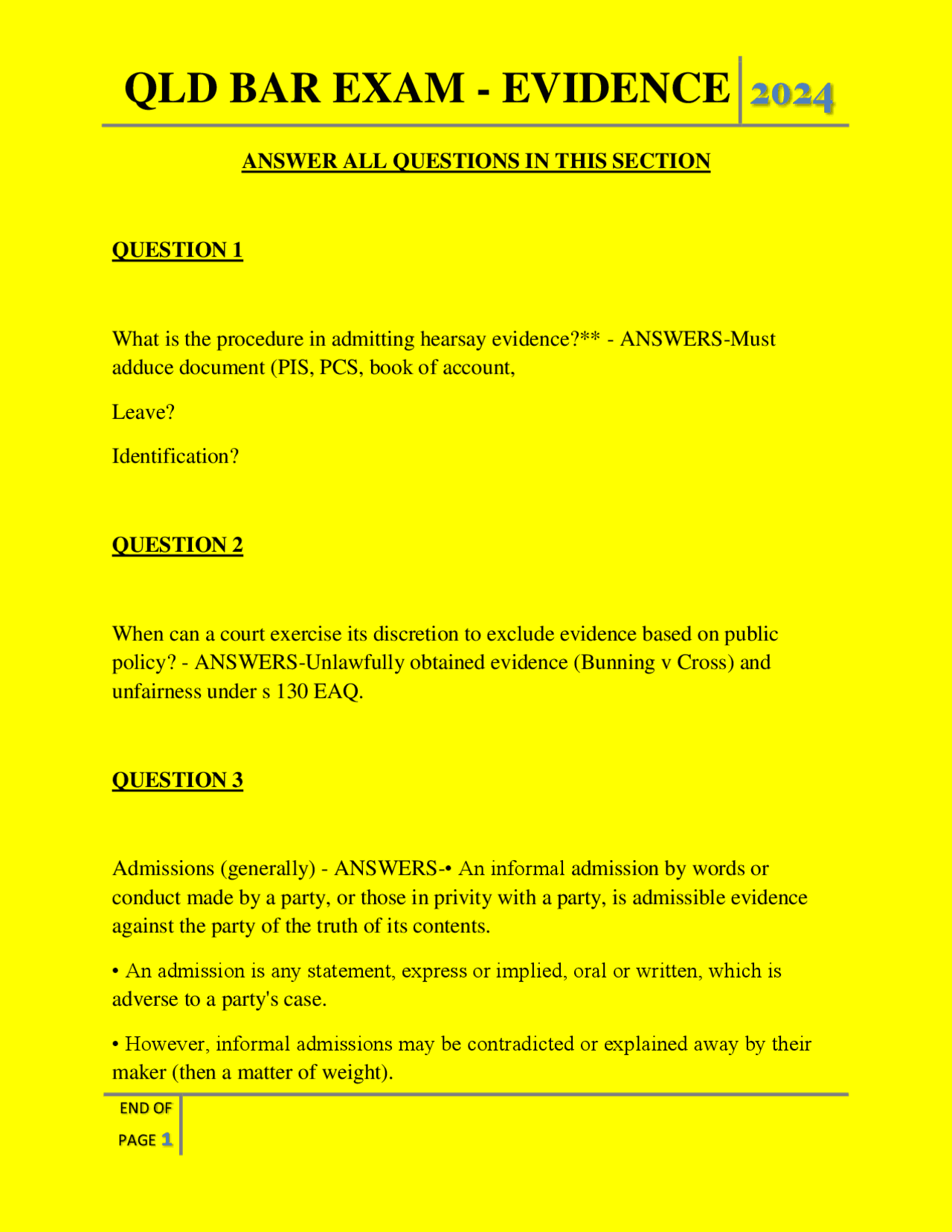 QLD Bar Exam - Evidence: Questions and Answers | Exams Law | Docsity