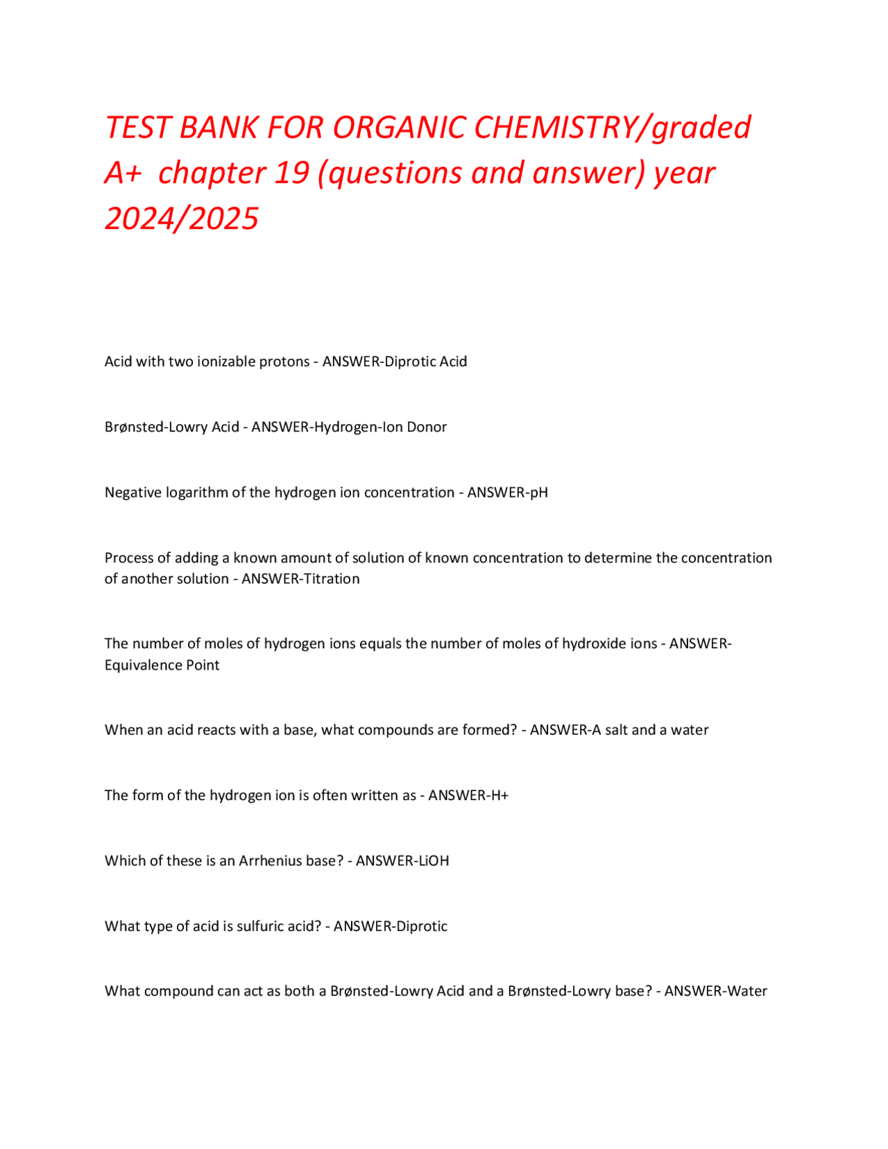 Organic Chemistry Test Bank: Chapter 19 - Acids and Bases | Exams ...