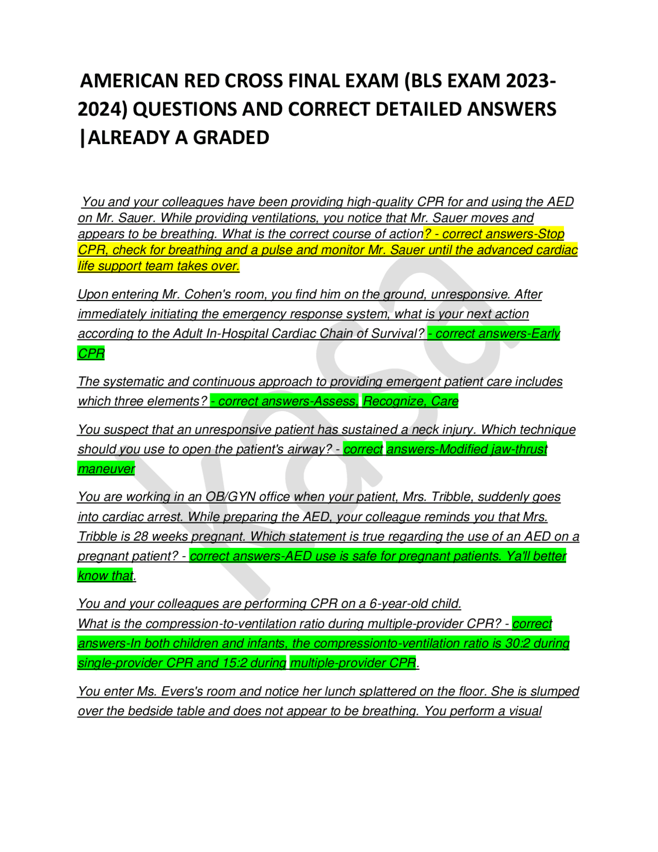 AMERICAN RED CROSS FINAL EXAM (BLS EXAM 2023- 2024) QUESTIONS AND ...