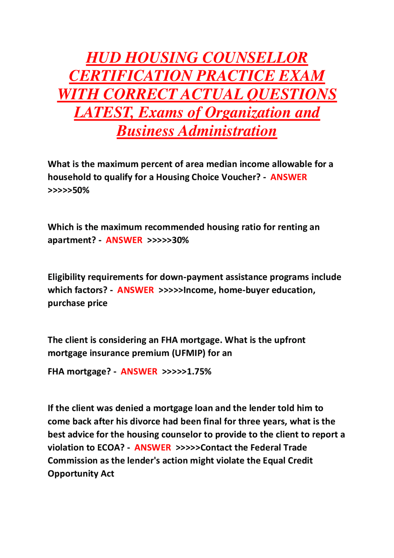 HUD Housing Counselor Certification Practice Exam | Exams Nursing | Docsity