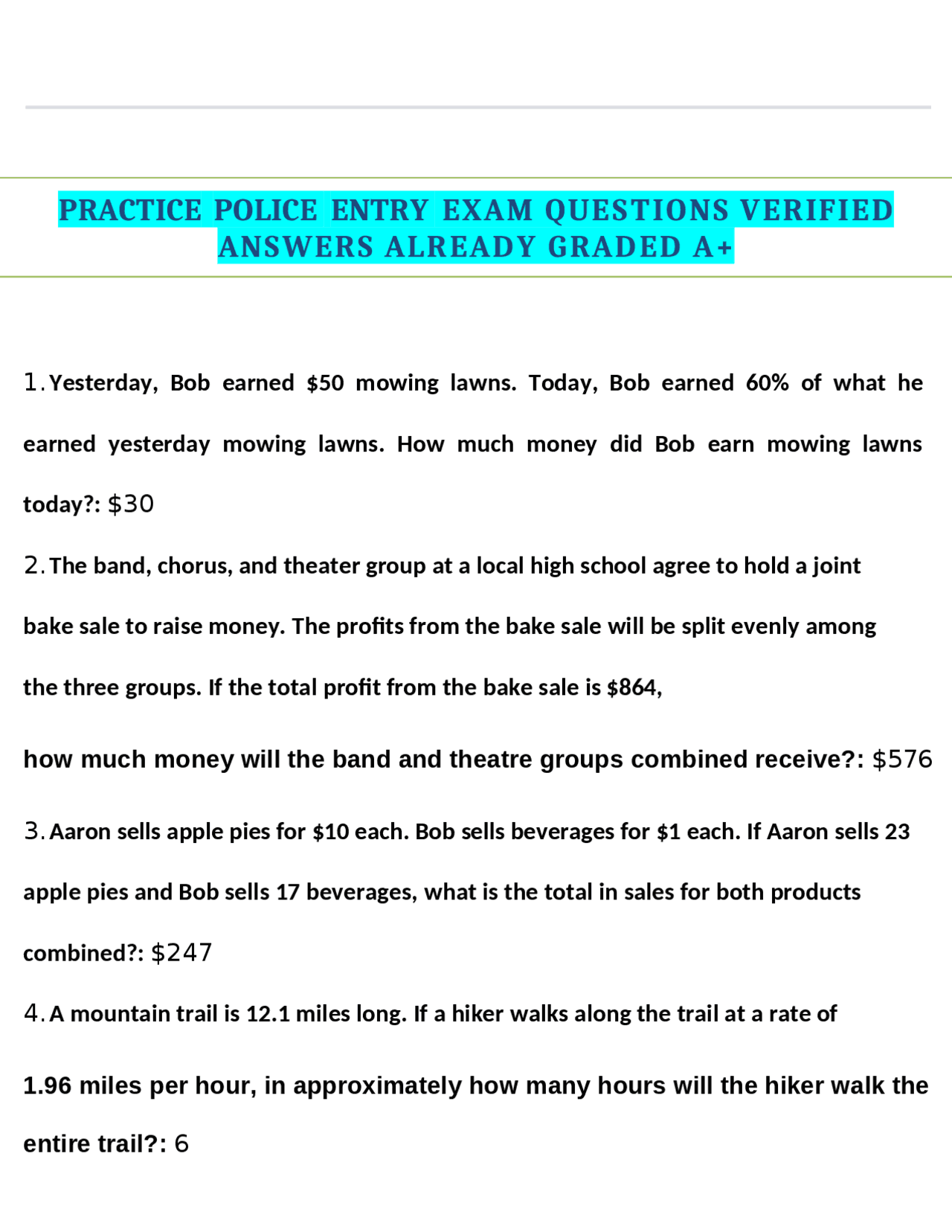 PRACTICE POLICE ENTRY EXAM QUESTIONS VERIFIED ANSWERS ALREADY GRADED A+ ...