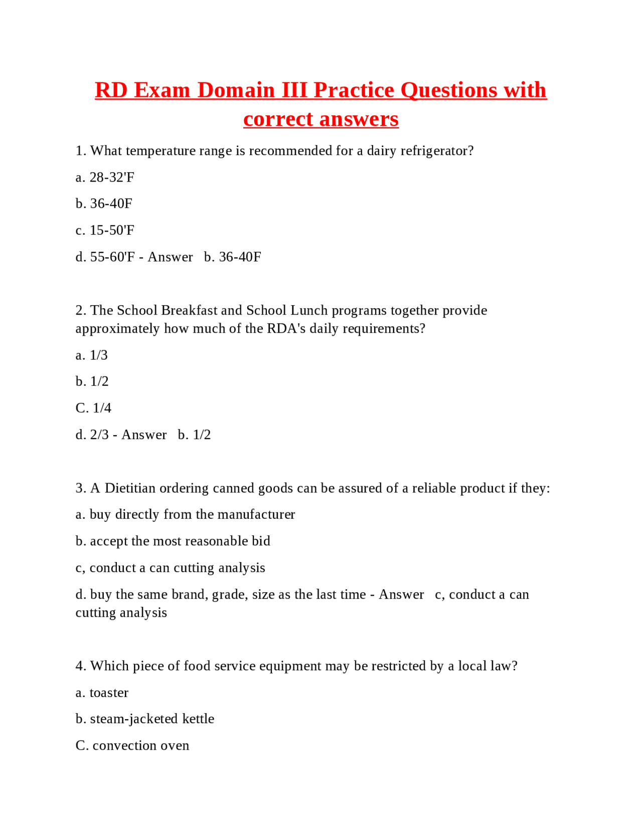 RD Exam Domain III Practice Questions with Correct Answers | Exams ...