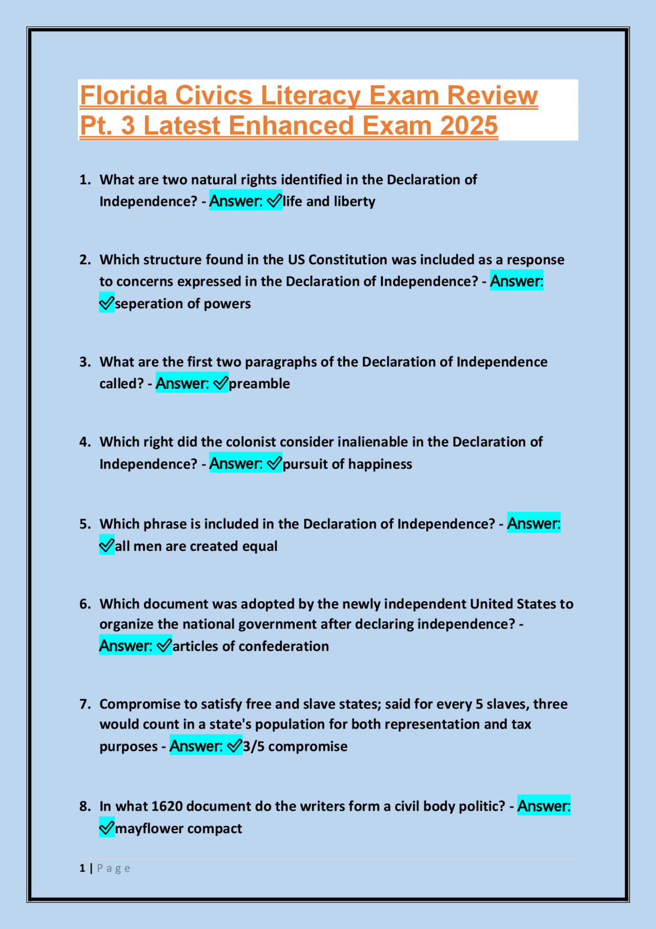 Florida Civics Literacy Exam Review: Pt. 3 Latest Enhanced Exam 2025 ...