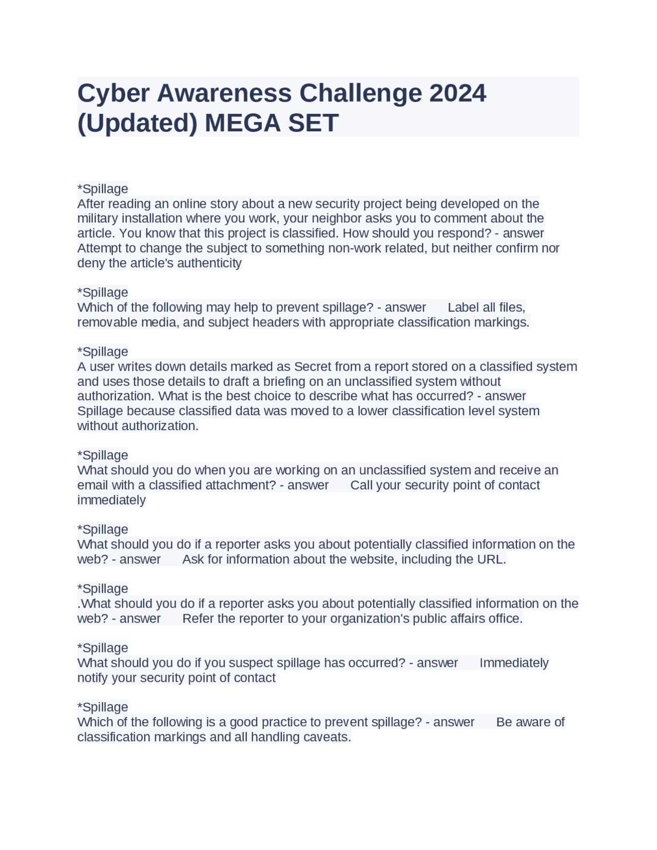 Cyber Awareness Challenge 2024-2025 (Updated) MEGA SET Questions and ...