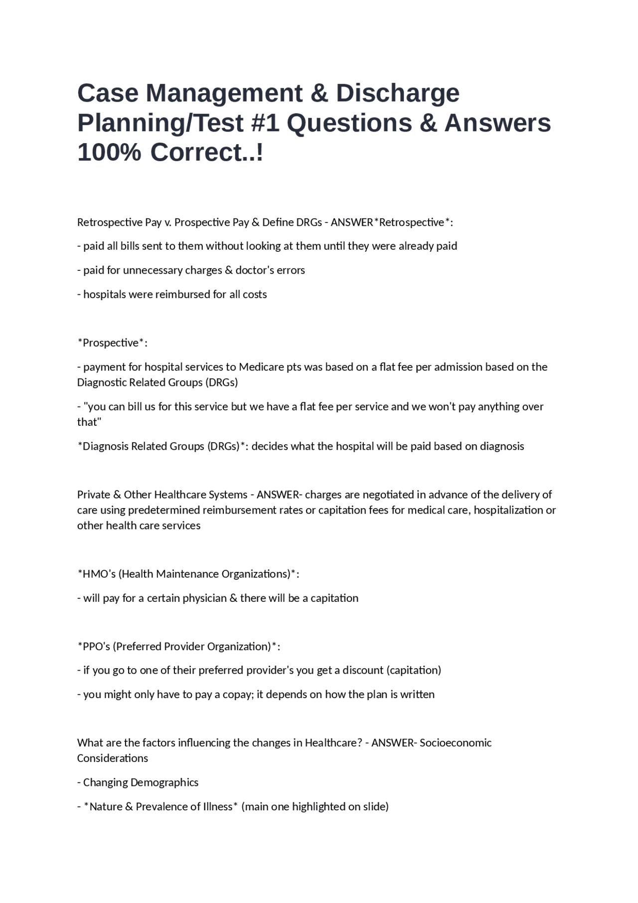 Case Management & Discharge Planning/Test #1 Questions & Answers 100% ...