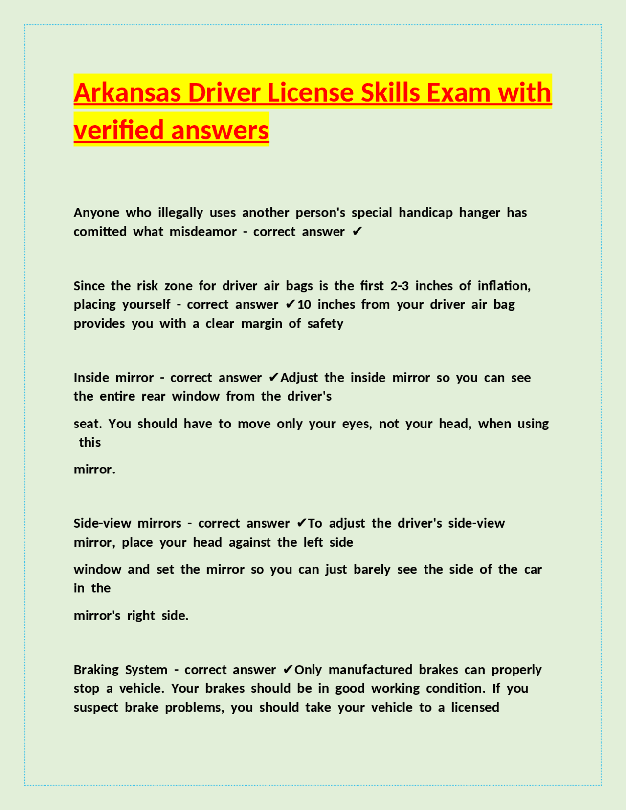 Arkansas Driver License Skills Exam with Verified Answers | Exams ...