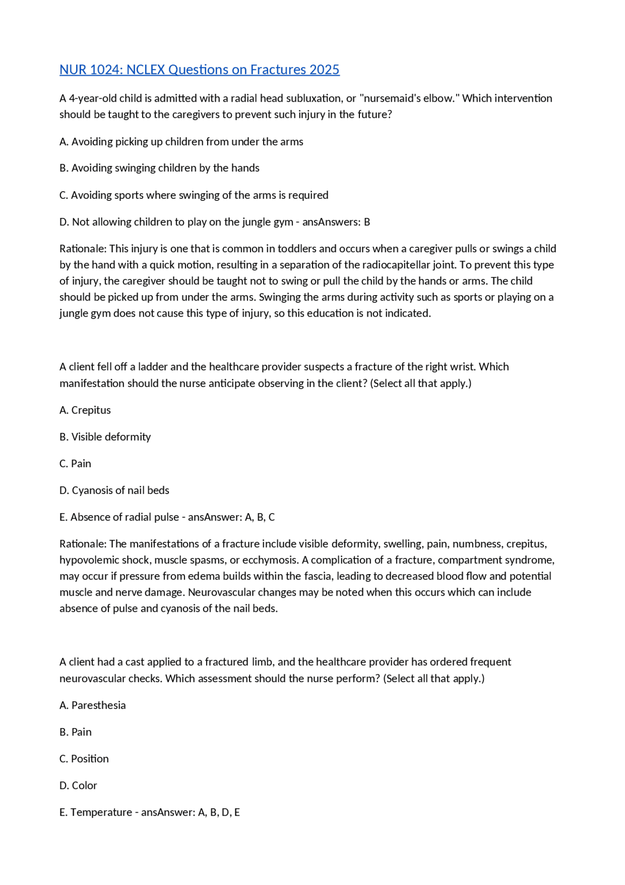 NUR 1024: NCLEX Questions on Fractures 2025 | Exercises Nursing | Docsity