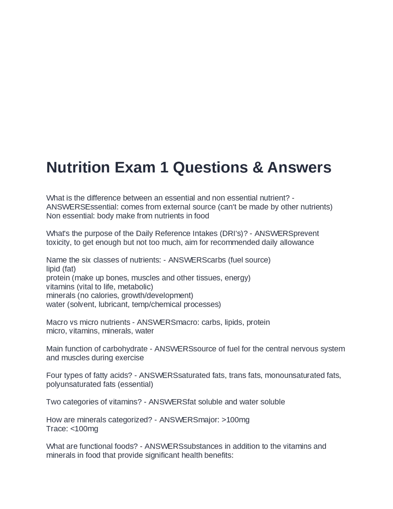 Nutrition Exam 1 Questions & Answers | Exams Nursing | Docsity