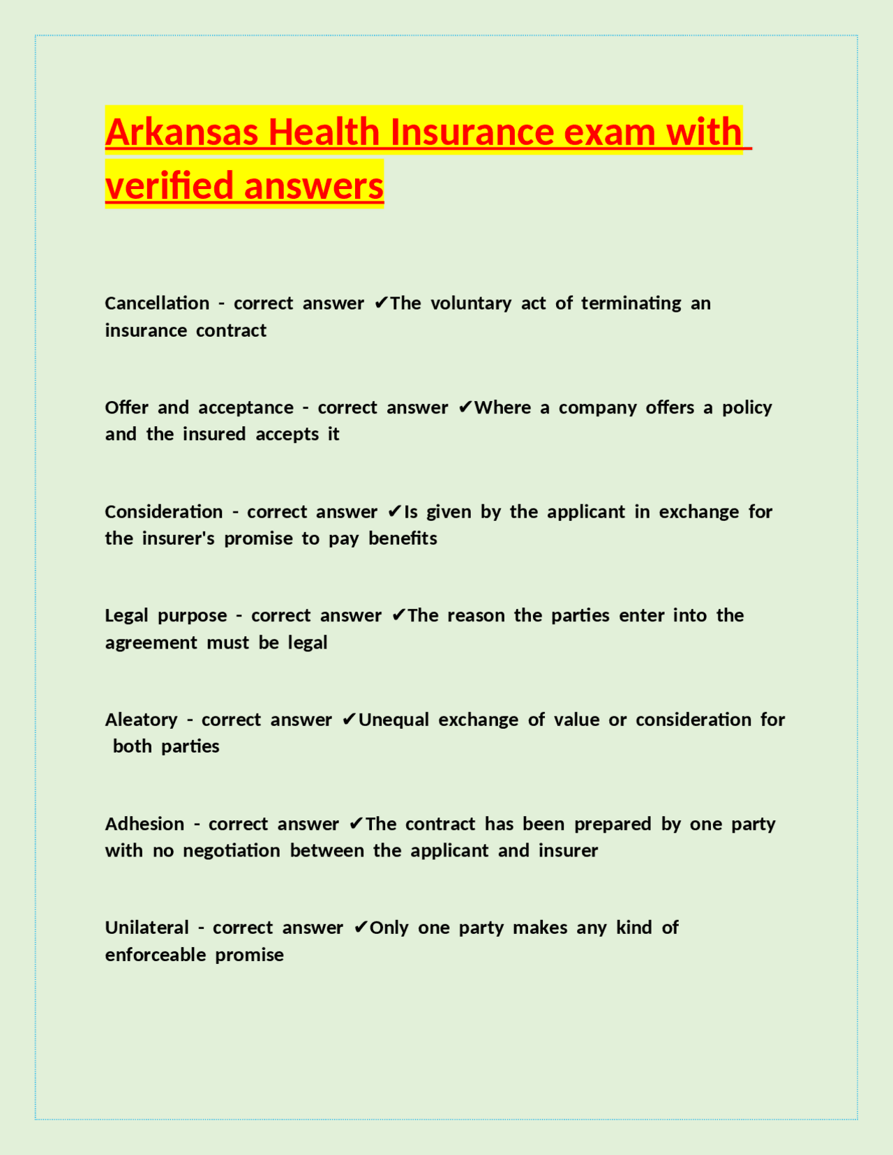 Arkansas Health Insurance Exam with Verified Answers | Exams Insurance ...