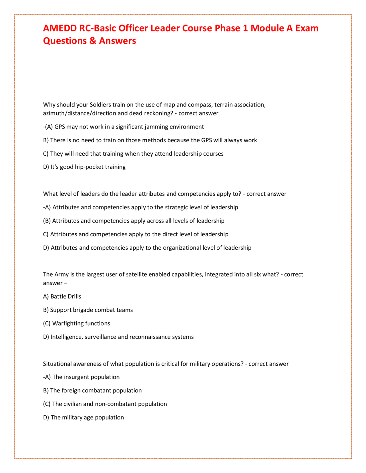 AMEDD RC-Basic Officer Leader Course Phase 1 Module A Exam Questions ...