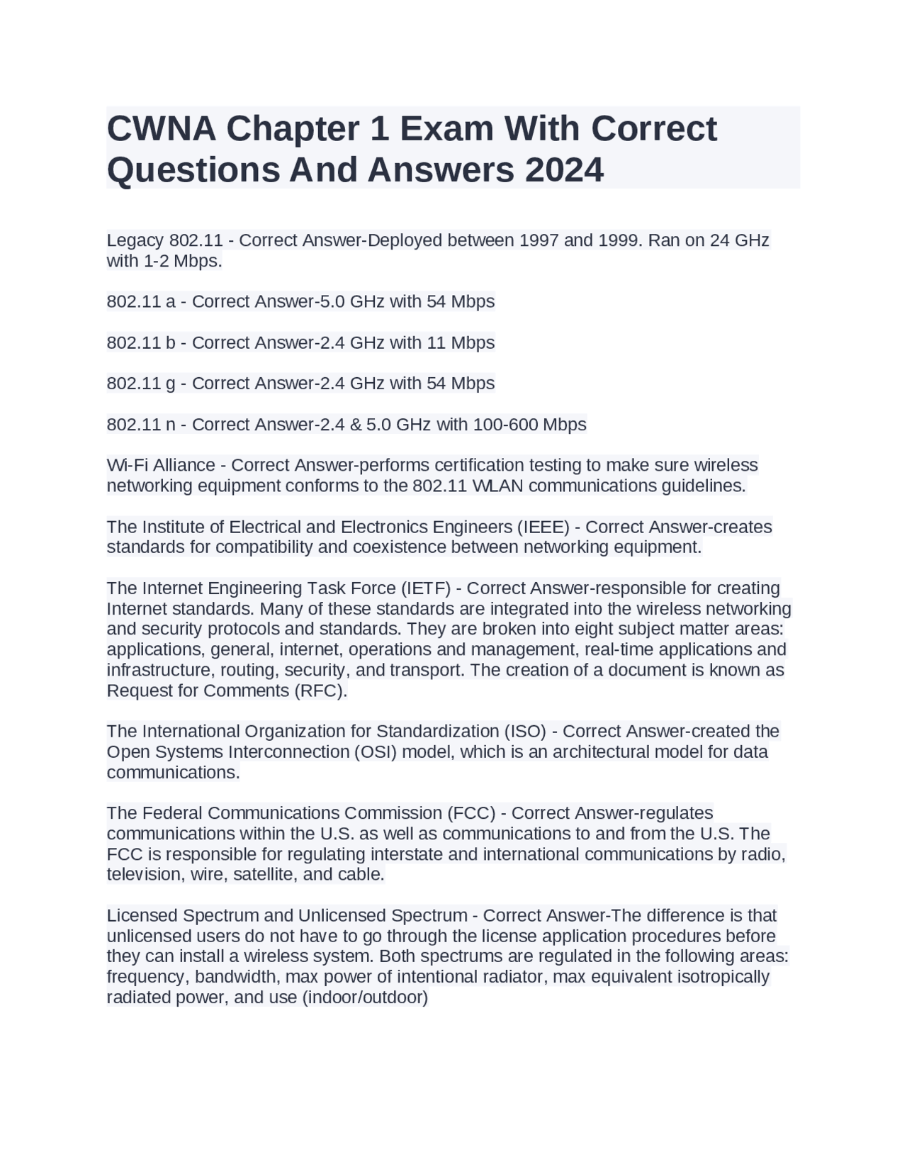 CWNA Chapter 1 Exam Questions and Answers: Understanding Wireless Networking Fundamentals ...
