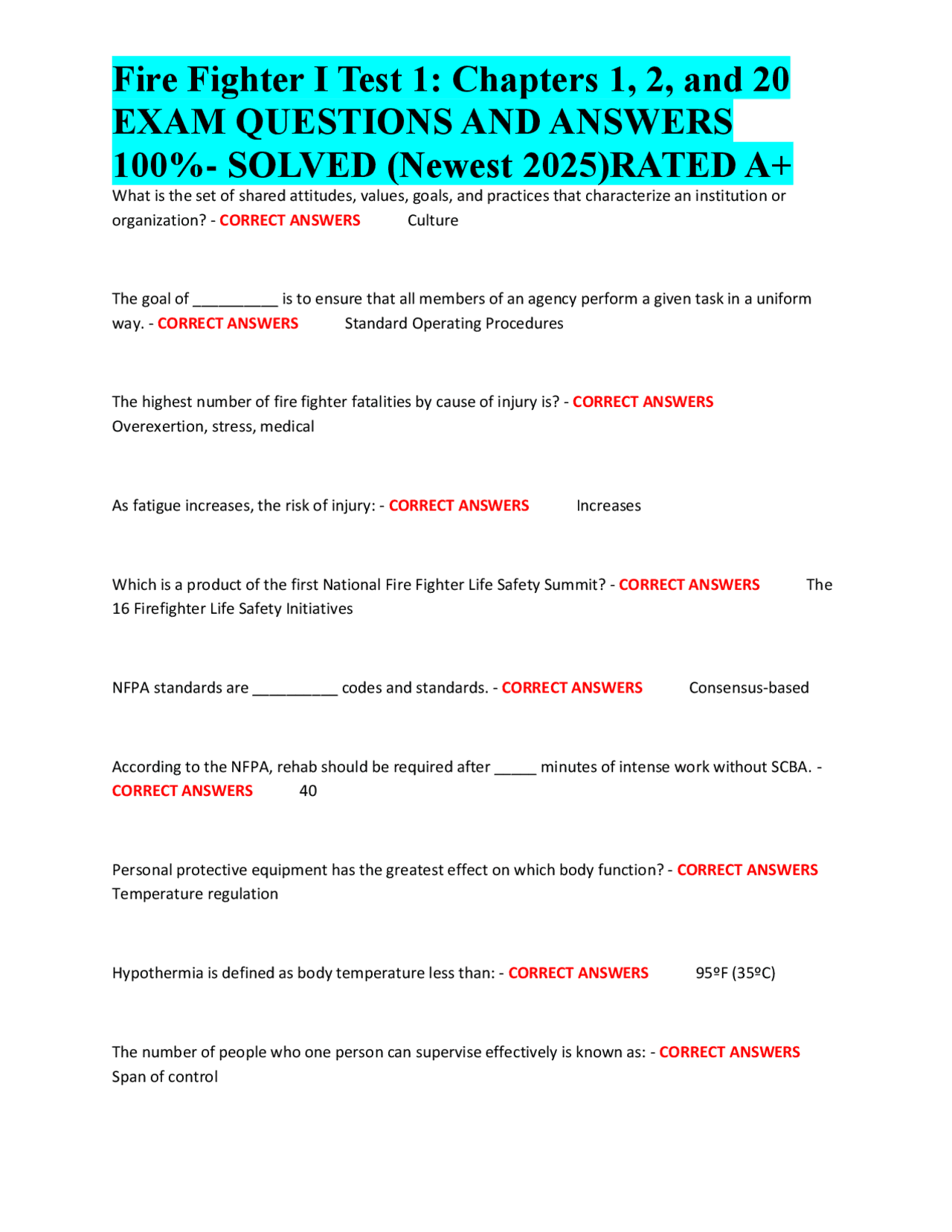 Fire Fighter I Test 1: Chapters 1, 2, and 20 - Exam Questions and ...