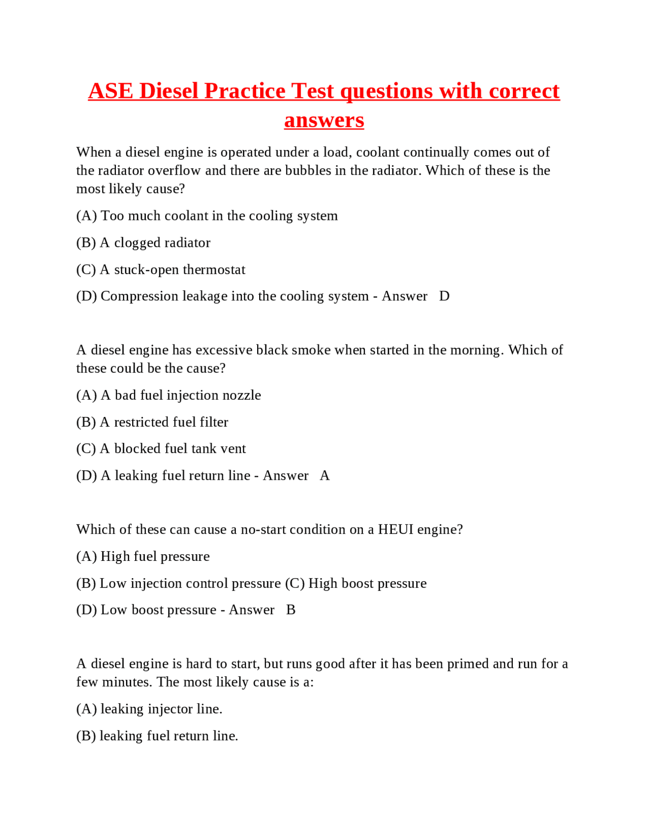 ASE Diesel Practice Test Questions and Answers | Exams Advanced ...