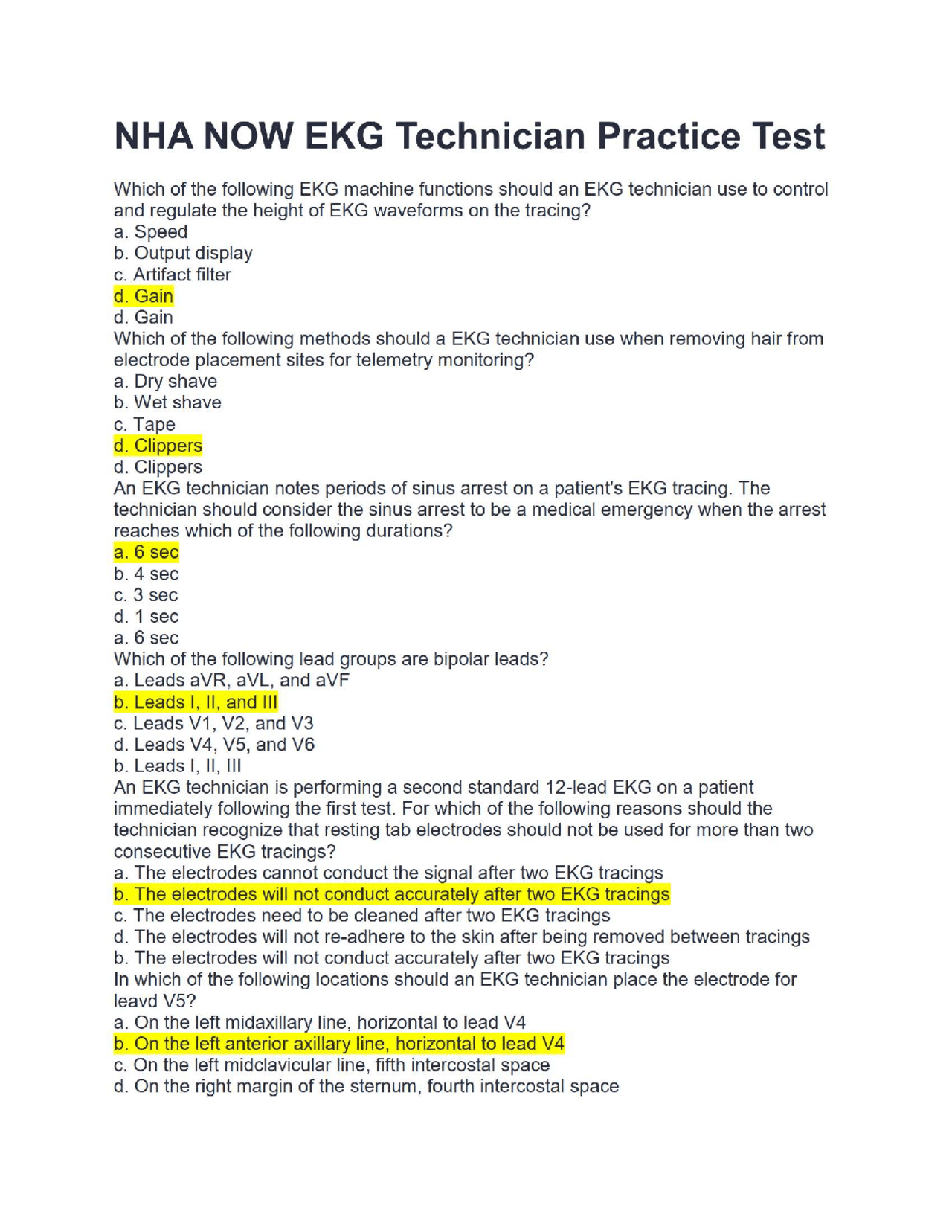 NHA NOW EKG Technician Practice Test | Exams Nursing | Docsity