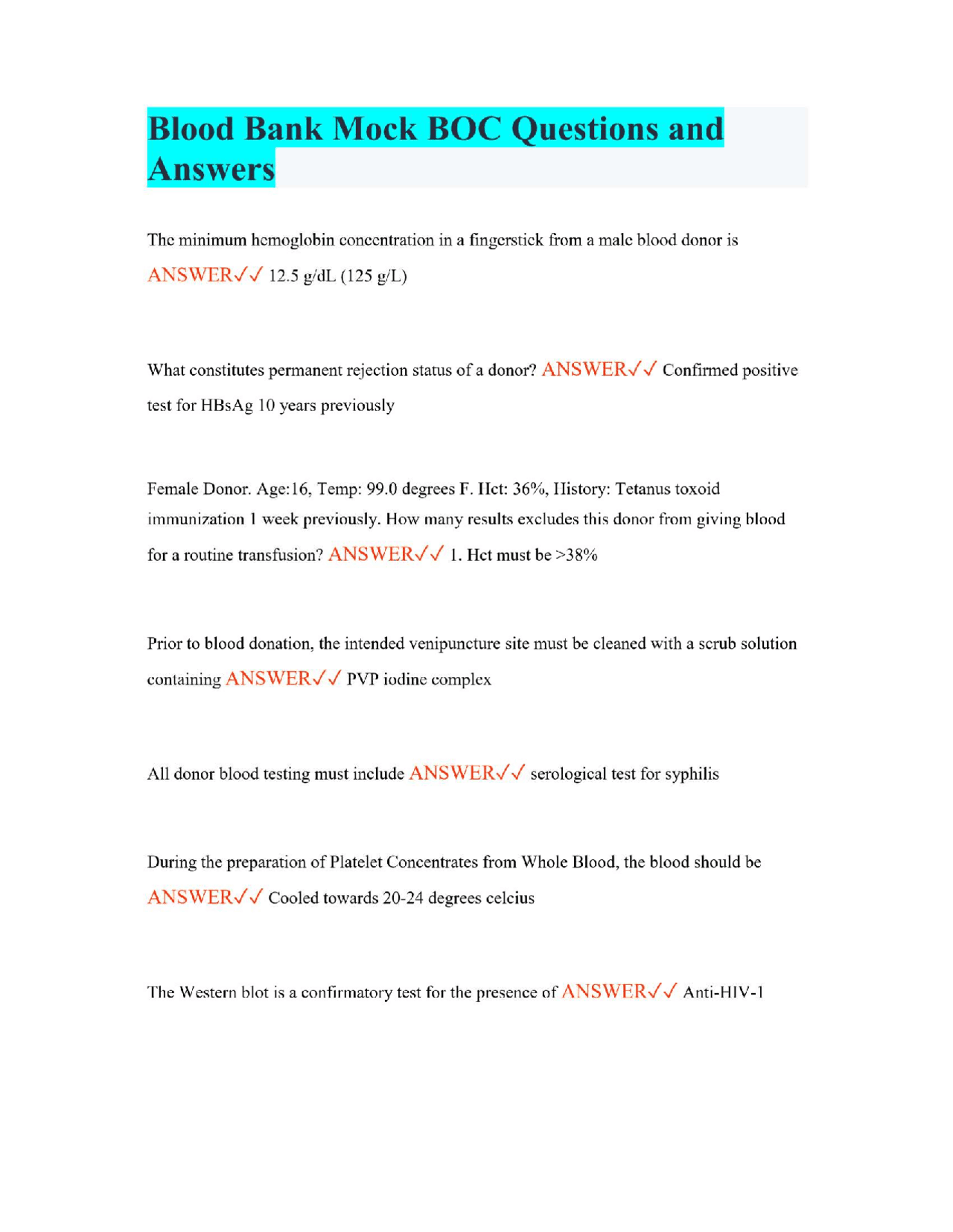 Blood Bank Mock BOC Questions and Answers | Exams Health sciences | Docsity