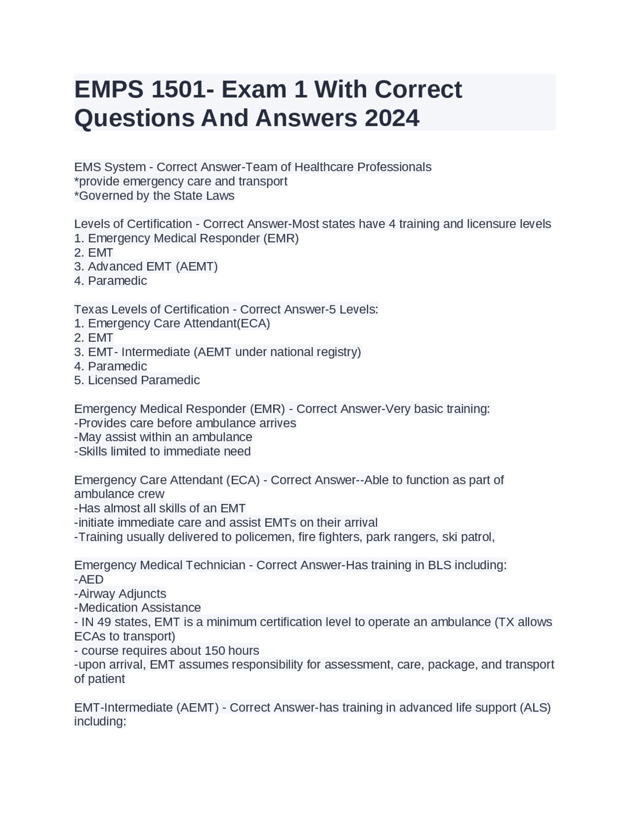 Emergency Medical Services (EMS) System: Exam 1 Questions and Answers ...