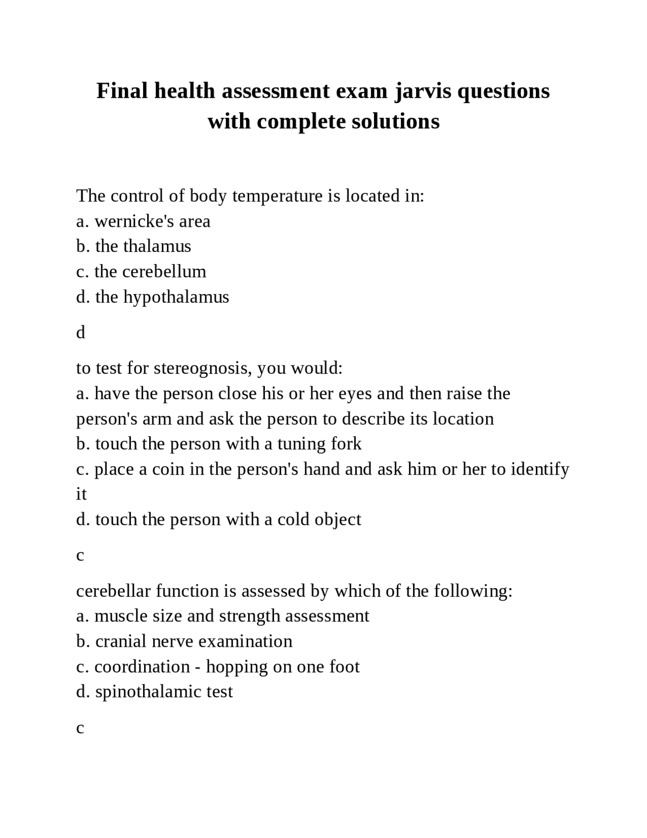 Final health assessment exam jarvis questions with complete solutions ...