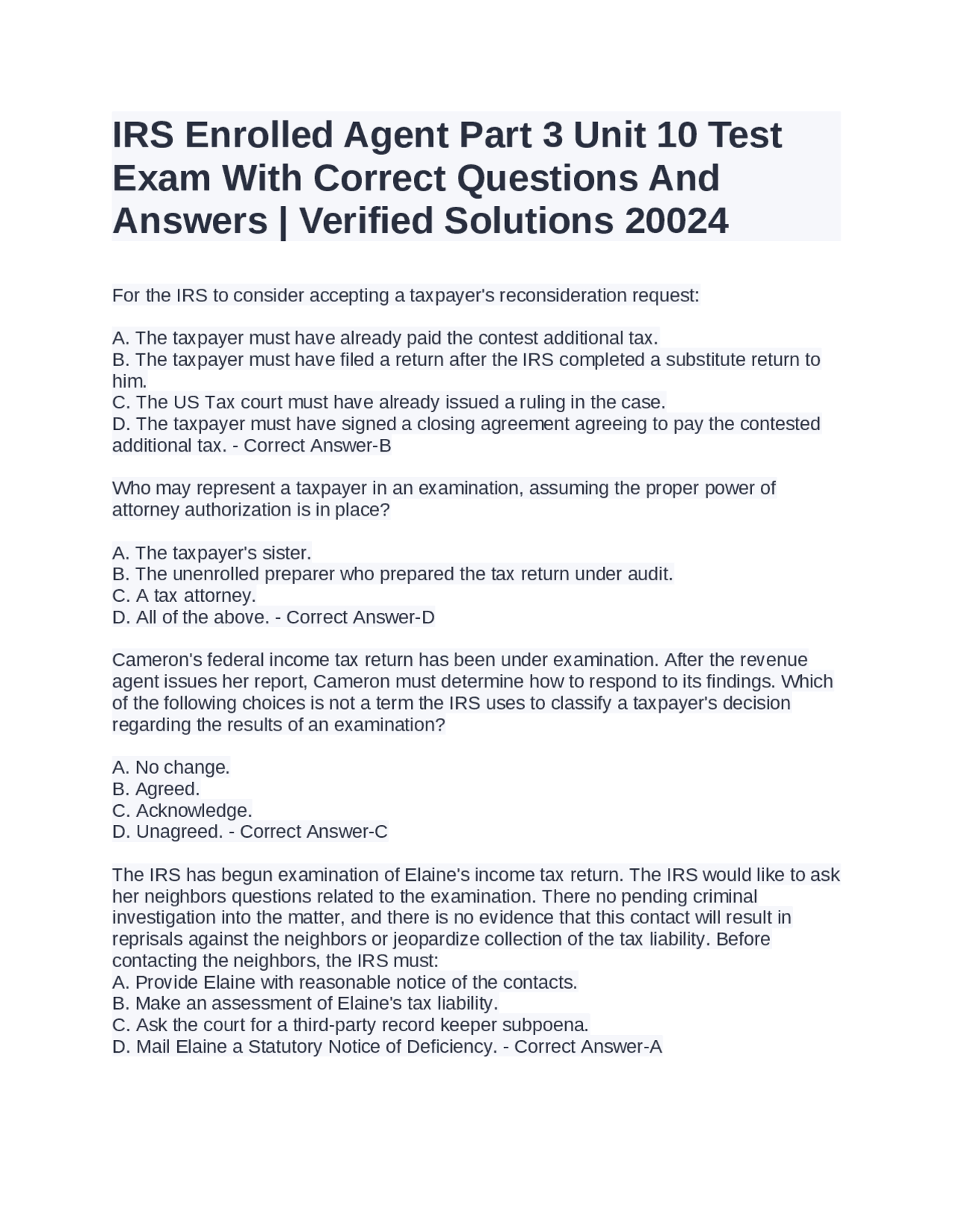 IRS Enrolled Agent Part 3 Unit 10 Test Exam With Correct Questions And ...