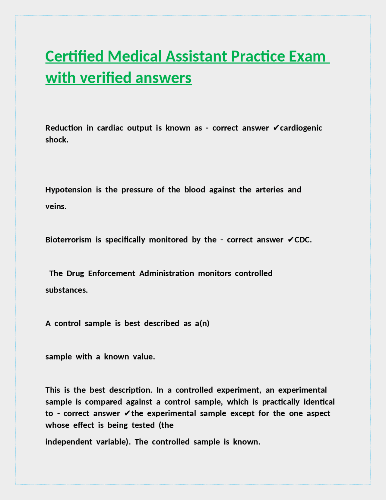 Certified Medical Assistant Practice Exam with verified answers | Exams ...