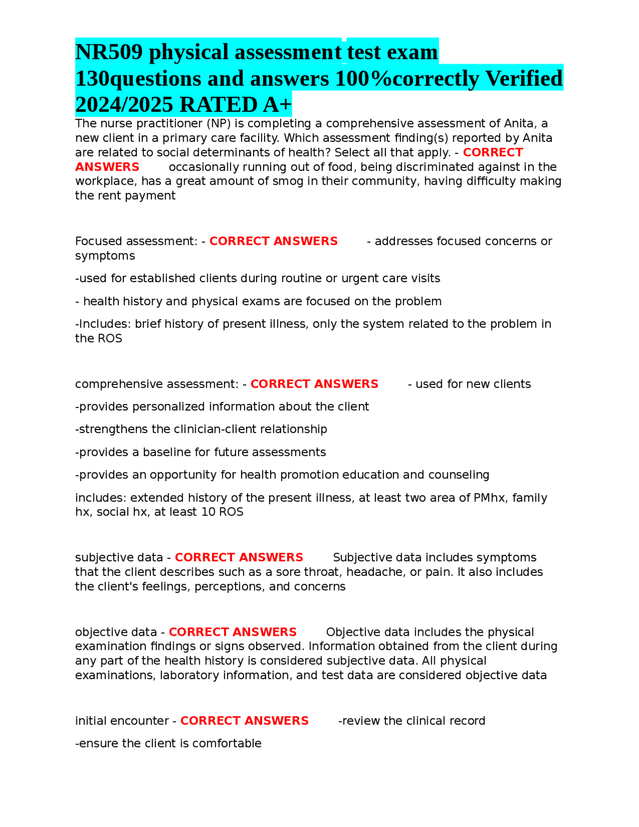 NR509 Physical Assessment Test Exam: 130 Questions and Answers | Exams ...