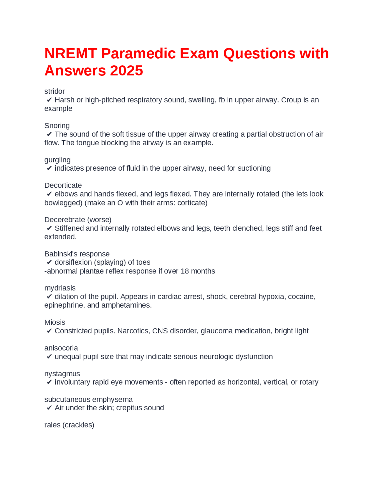 NREMT Paramedic Exam Questions with Answers 2025 | Exams Medicine | Docsity