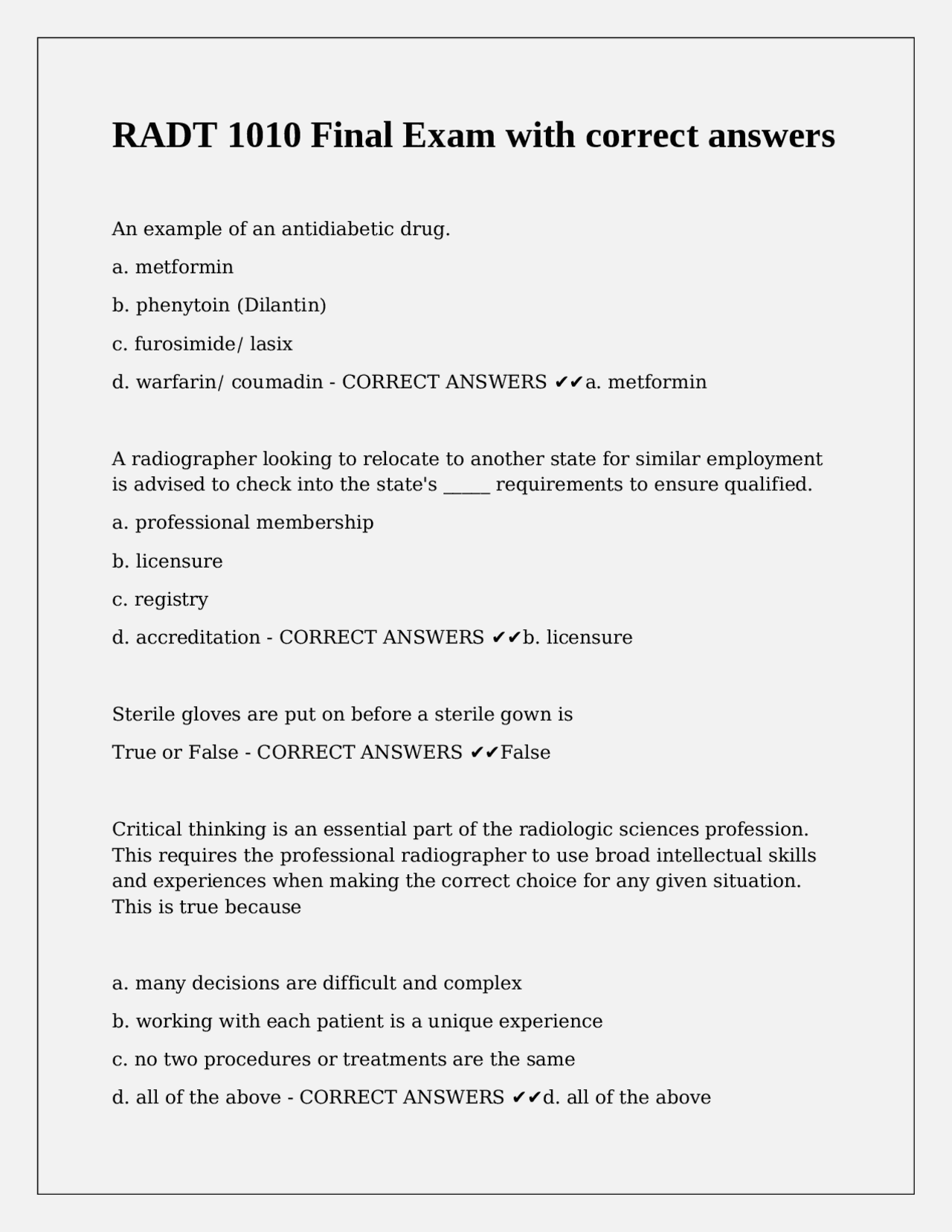 RADT 1010 Final Exam with correct answers | Exams Radiology | Docsity