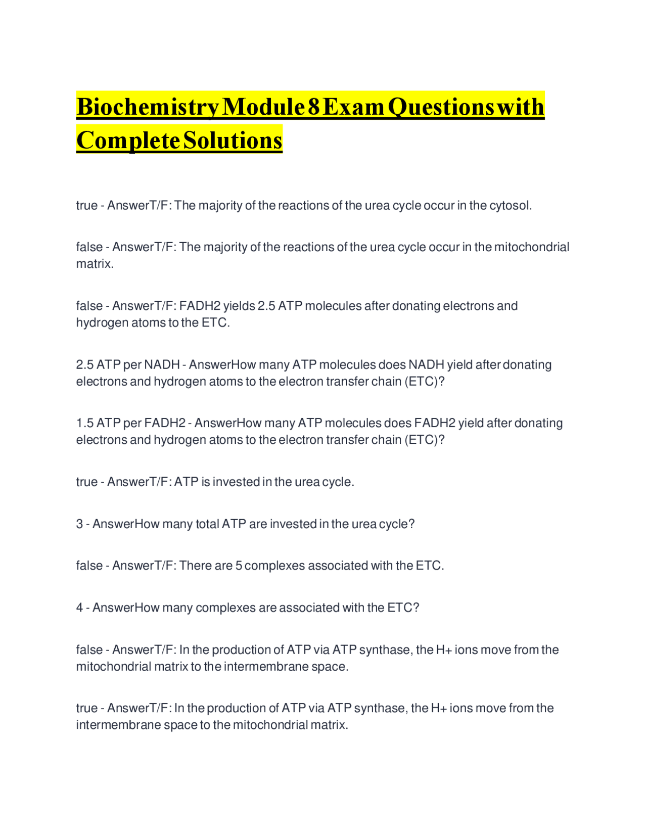 Biochemistry Module 8 Exam Questions with Complete Solutions | Exams ...