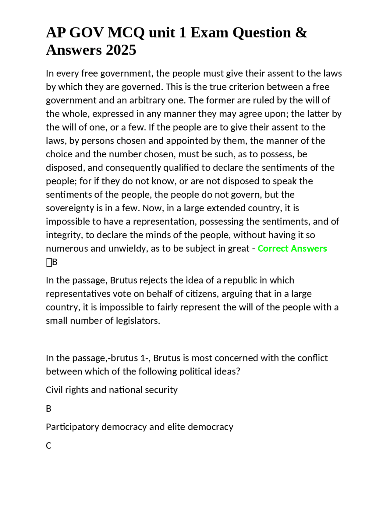 AP GOV MCQ unit 1 Exam Question & Answers 2025 | Exams Nursing | Docsity