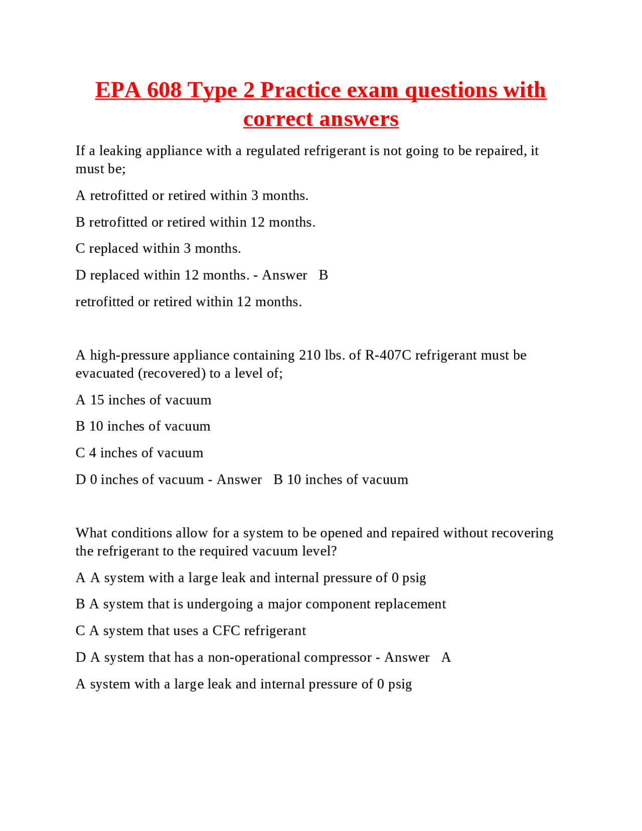EPA 608 Type 2 Practice Exam Questions and Answers | Exams Chemistry ...