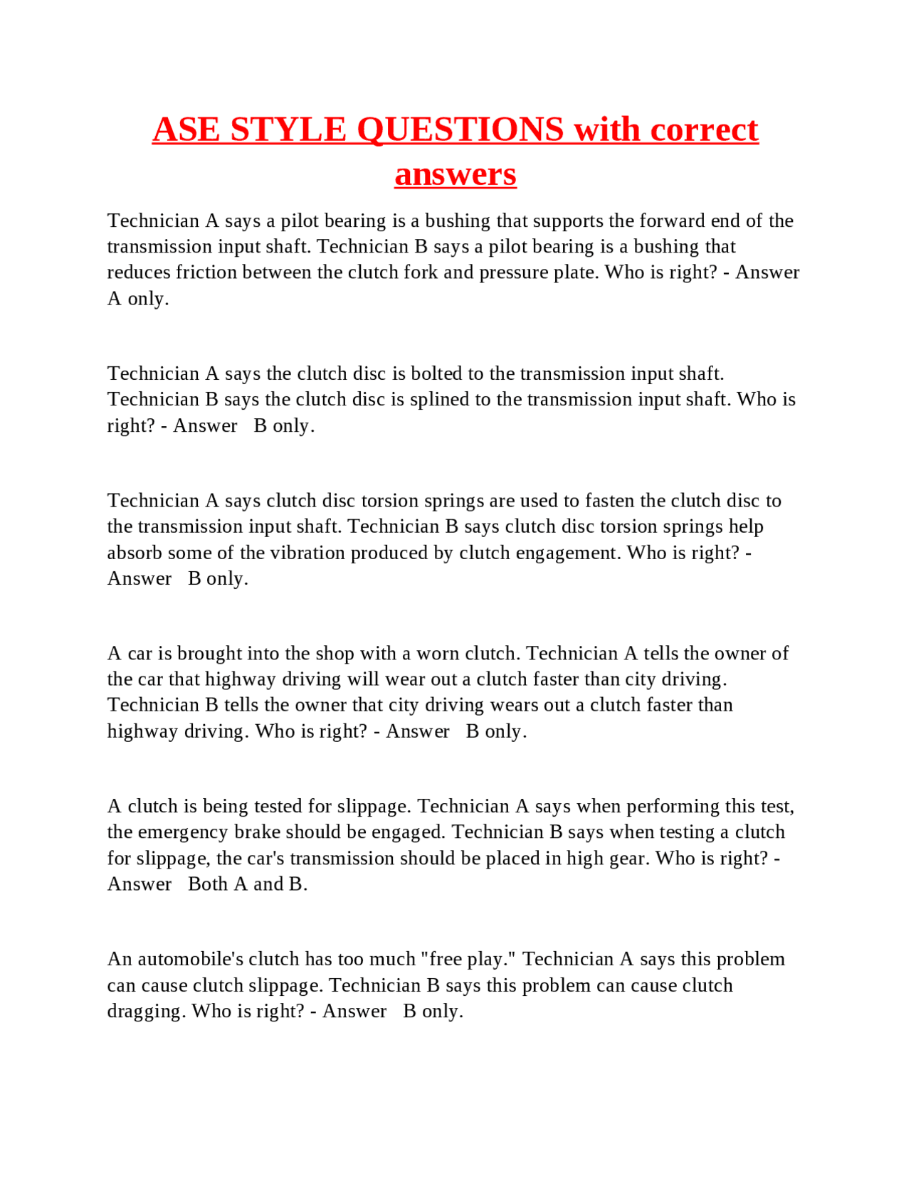 ASE Style Questions and Answers on Automotive Transmissions | Exams ...