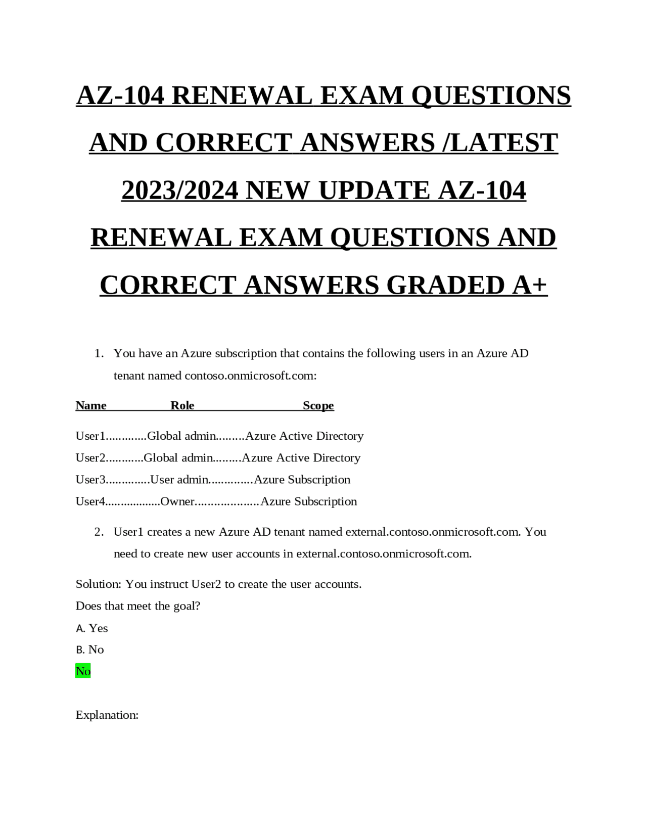 AZ-104 RENEWAL EXAM QUESTIONS AND CORRECT ANSWERS /LATEST 2023/2024 NEW ...