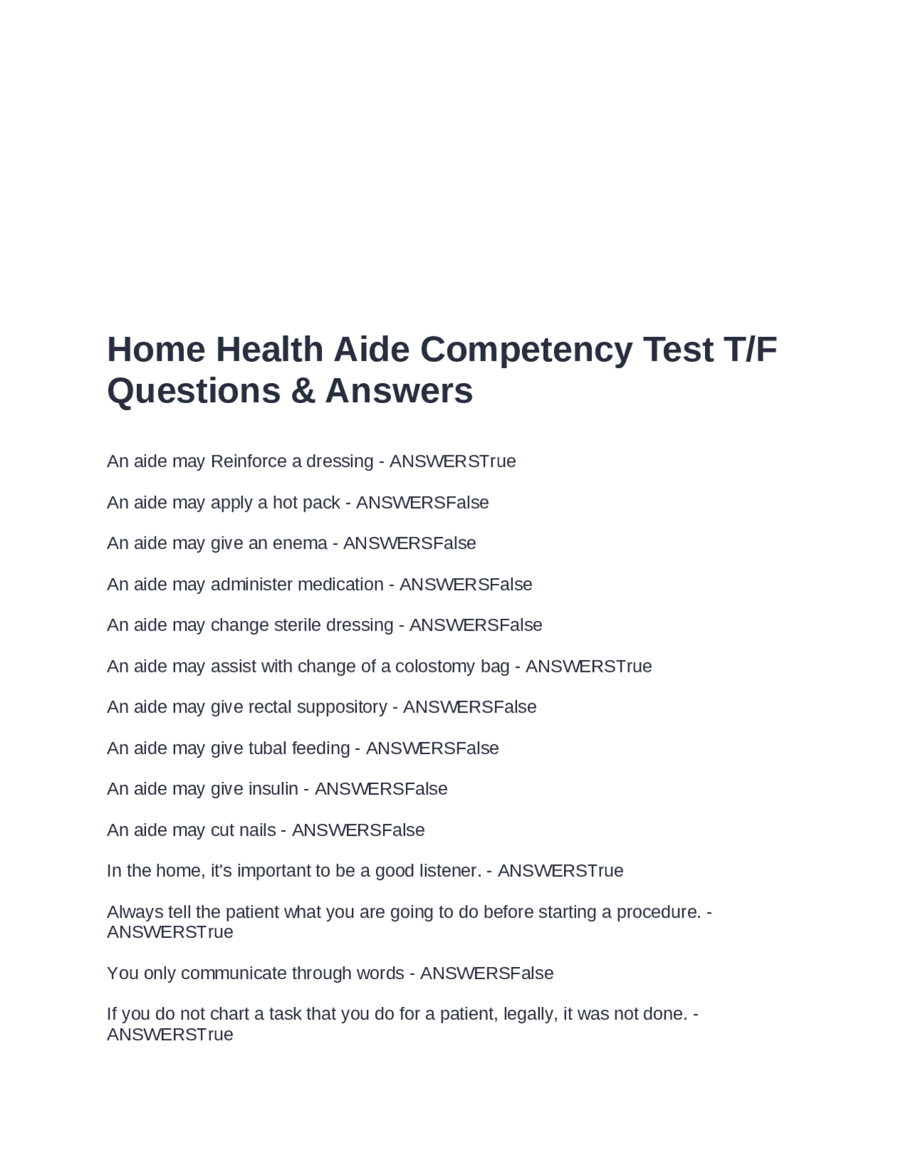 Home Health Aide Competency Test: True/False Questions and Answers ...