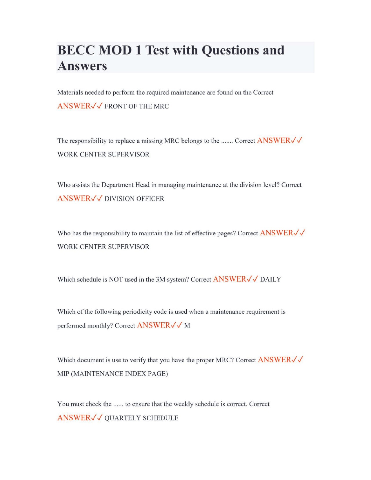 BECC MOD 1 Test with Questions and Answers | Exams Environmental ...