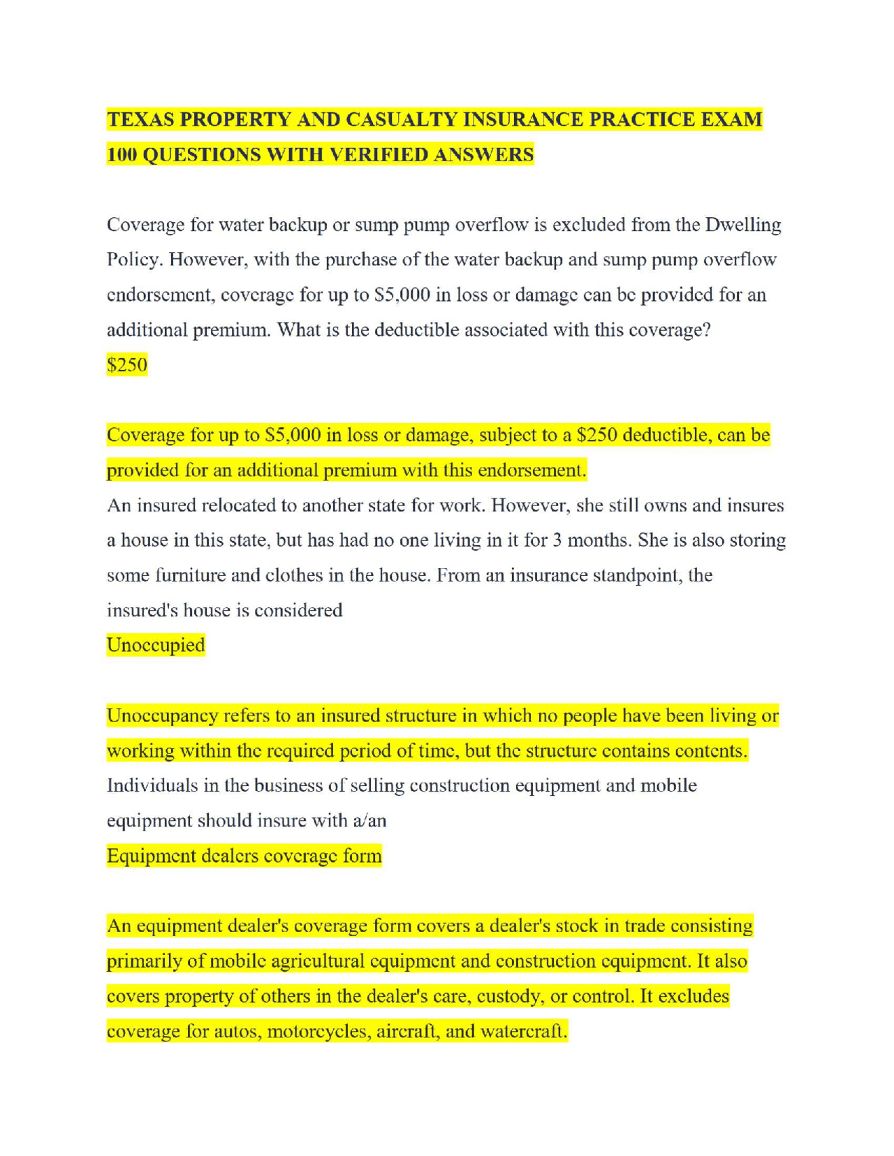 TEXAS PROPERTY AND CASUALTY INSURANCE PRACTICE EXAM 100 QUESTIONS WITH ...