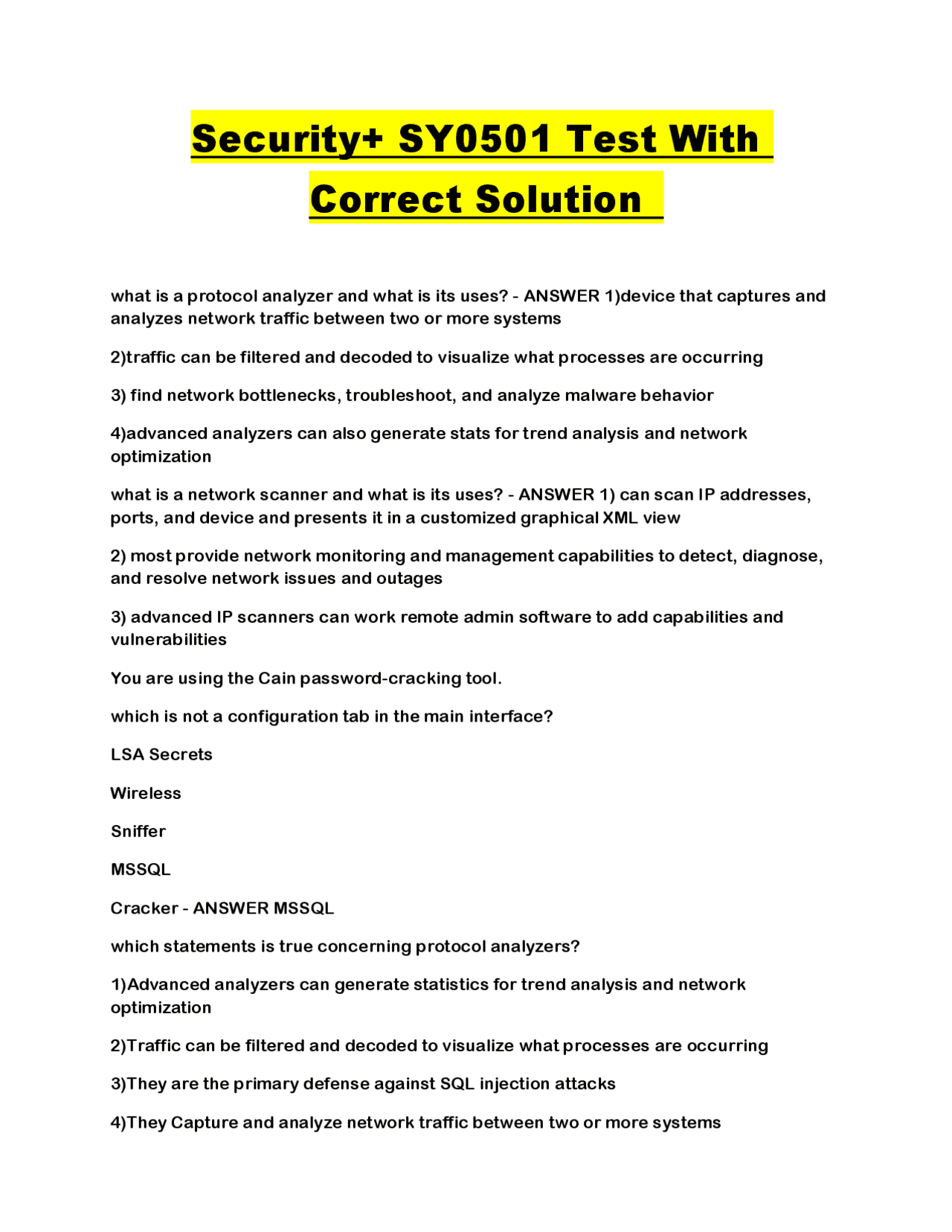 Security+ SY0501 Test Questions and Answers | Exams Advanced Education ...