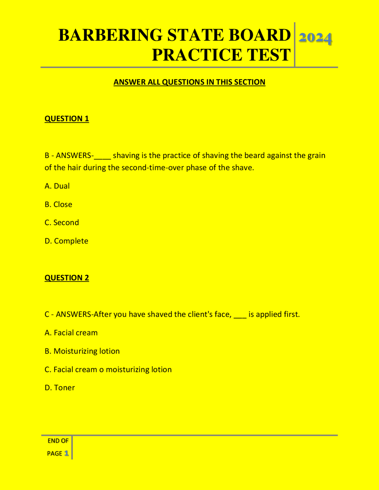 BARBERING STATE BOARD PRACTICE TEST QUESTIONS AND ANSWERS 2025 | Exams ...