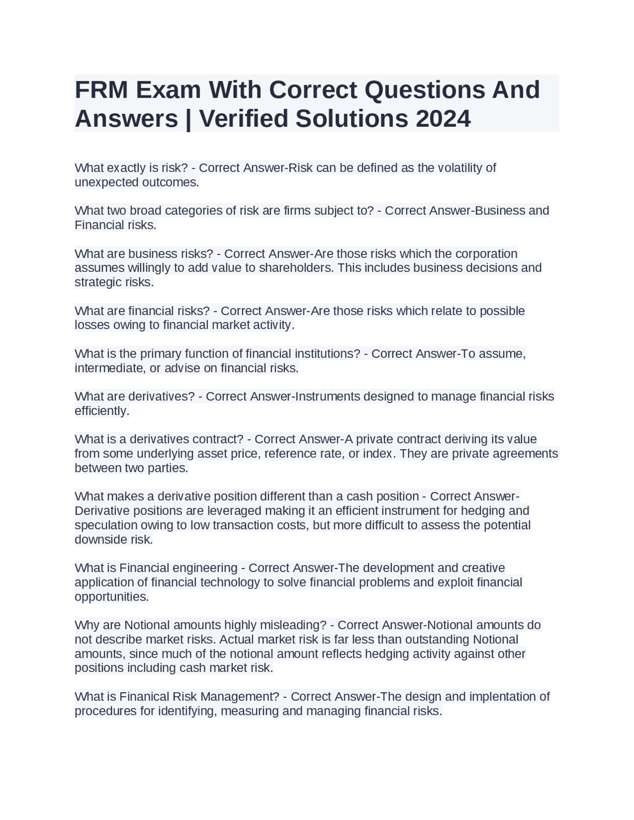 FRM Exam With Correct Questions And Answers | Verified Solutions 2024 ...
