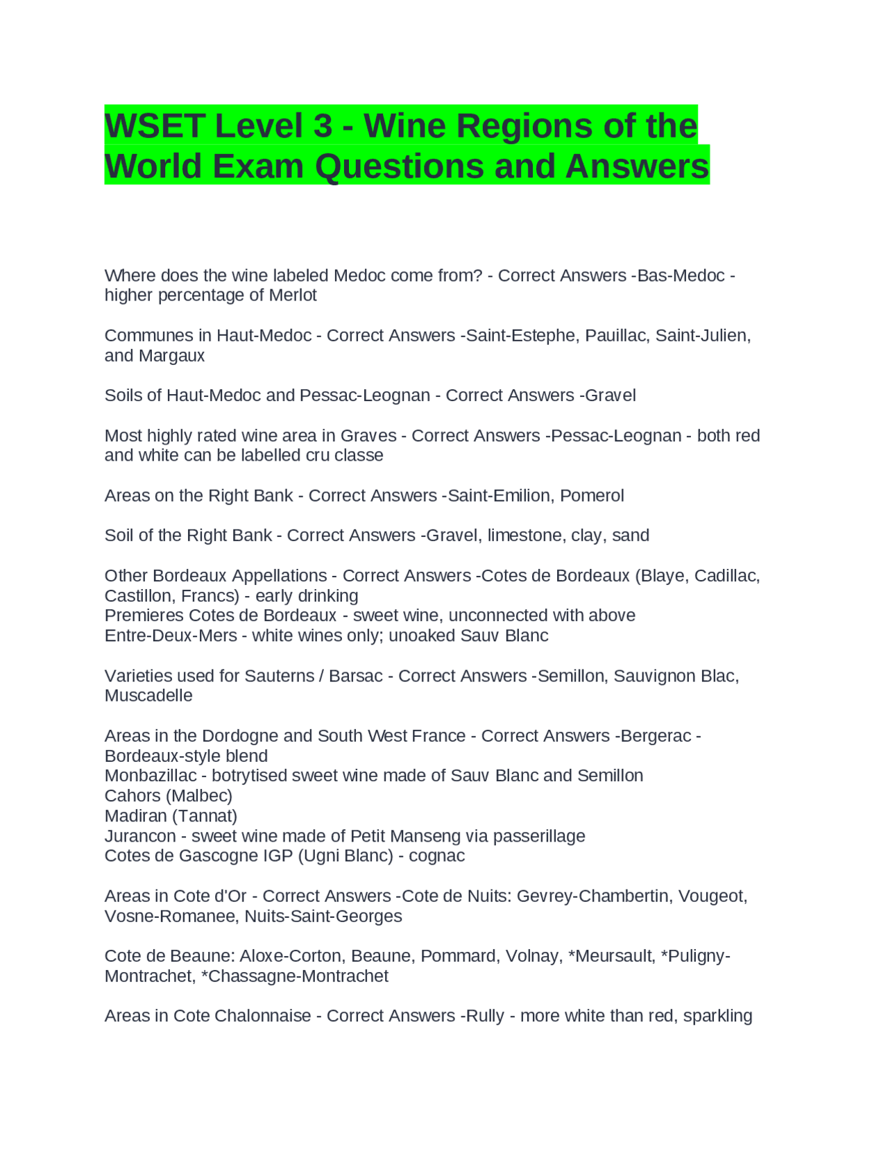 WSET Level 3 - Wine Regions of the World Exam Questions and Answers ...
