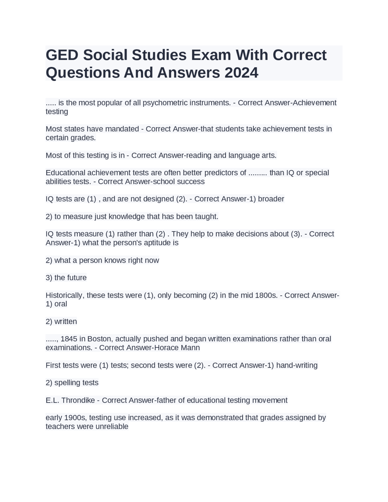 GED Social Studies Exam With Correct Questions And Answers 2024 | Exams ...